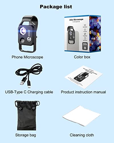 DDCHEN 200X Phone Microscope with LED Light, Microscope with Universal Phone Clip Compatible with iPhone/Andriod Phone,The Best Portable Microscope to Enjoy Microworld for Kids and Adults. (Black)