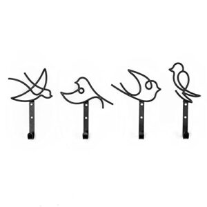 MyGift Wall Mounted Matte Black Metal Coat Hooks with Wire Frame Stenciled Birds, Hanging Storage Key and Hat Rack, Set of 4