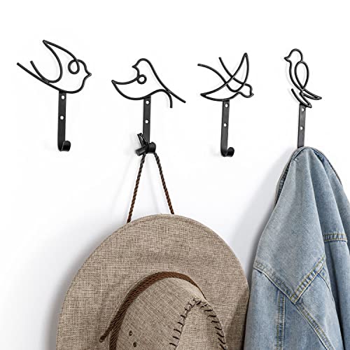 MyGift Wall Mounted Matte Black Metal Coat Hooks with Wire Frame Stenciled Birds, Hanging Storage Key and Hat Rack, Set of 4