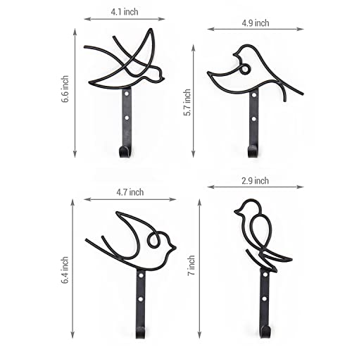 MyGift Wall Mounted Matte Black Metal Coat Hooks with Wire Frame Stenciled Birds, Hanging Storage Key and Hat Rack, Set of 4