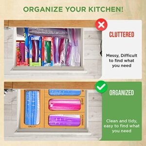 PACKLINER - Bamboo Plastic Bag Organizer Boxes for Kitchen Drawers, 4 Pcs Set Ziploc Organizer Gallon, Quart, Sandwich, and Snack Plastic Bags, Space-Saving Box Design - Sandwich Bag Storage Organizer