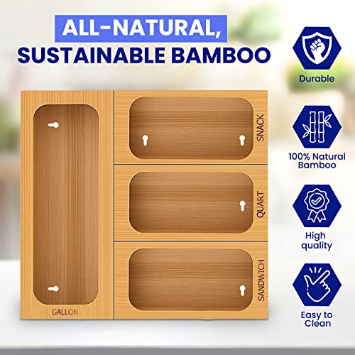 PACKLINER - Bamboo Plastic Bag Organizer Boxes for Kitchen Drawers, 4 Pcs Set Ziploc Organizer Gallon, Quart, Sandwich, and Snack Plastic Bags, Space-Saving Box Design - Sandwich Bag Storage Organizer