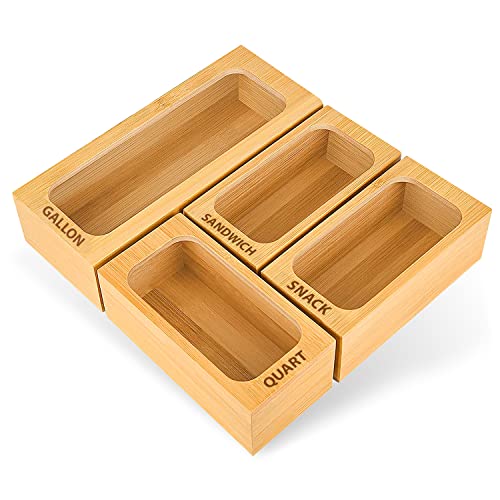 PACKLINER - Bamboo Plastic Bag Organizer Boxes for Kitchen Drawers, 4 Pcs Set Ziploc Organizer Gallon, Quart, Sandwich, and Snack Plastic Bags, Space-Saving Box Design - Sandwich Bag Storage Organizer