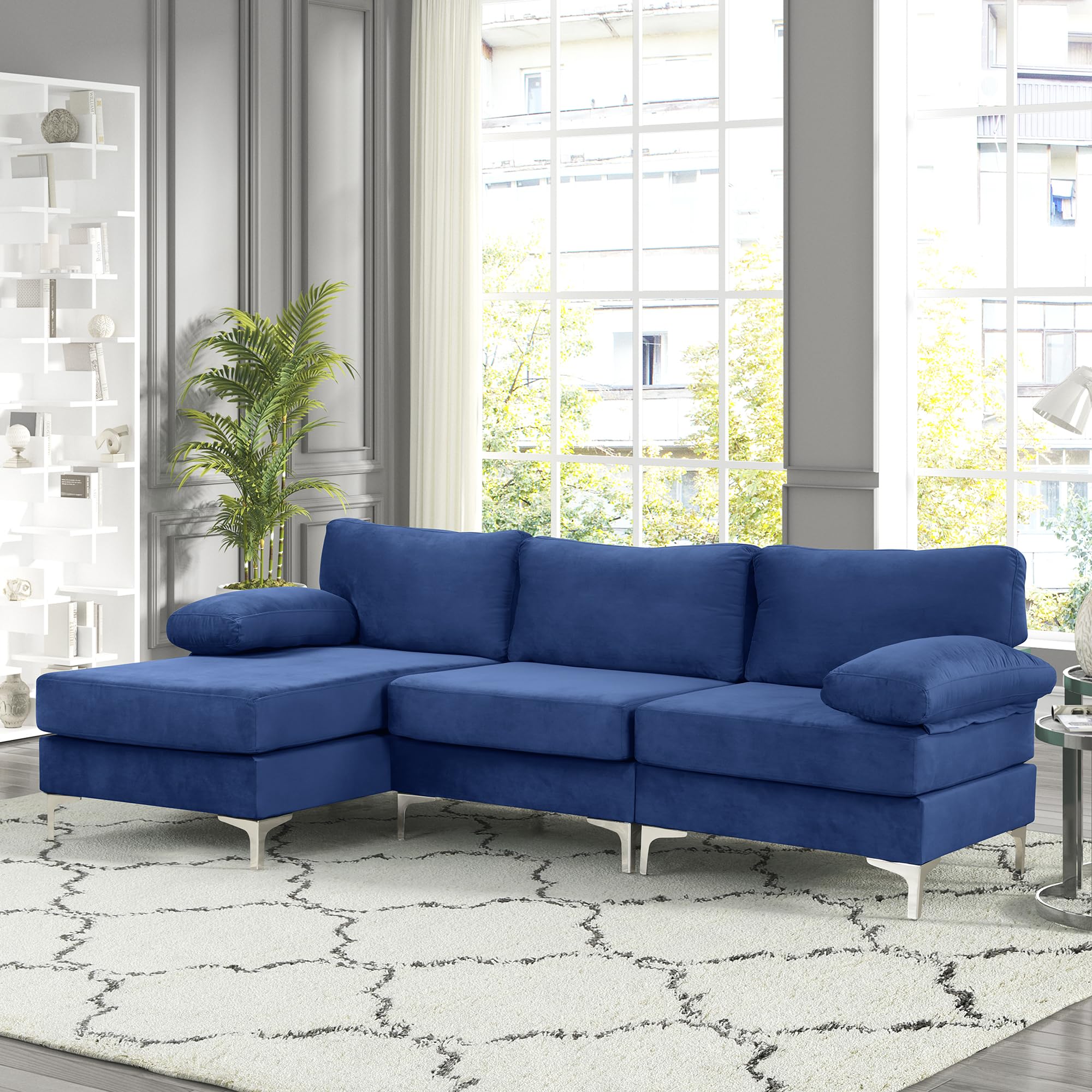 Casa Andrea Milano Modern Velvet Fabric Sectional Sofa, L-Shape Couch with Extra Wide Chaise Lounge