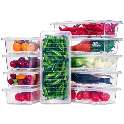 10 Pack Fruits Storage Organizer for Fridge with Lid and Removable Drain Plate 1.5 L Stackable Food Storage Produce Saver Container for Fridge to Keep Fruits Vegetables Meat Fish Fresh and Dry