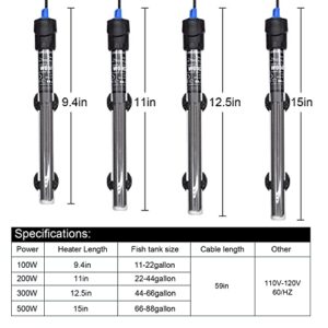 WELOMELO 100W / 200W / 300W / 500W Submersible Fish Tank Heating Rod, Temperature Adjustable Fish Tank Heating Rod/Thermostatic Rod with 2 Suction Cups-200W