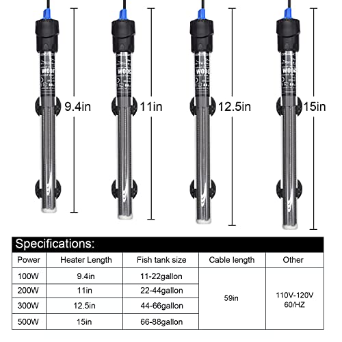 WELOMELO 100W / 200W / 300W / 500W Submersible Fish Tank Heating Rod, Temperature Adjustable Fish Tank Heating Rod/Thermostatic Rod with 2 Suction Cups-200W