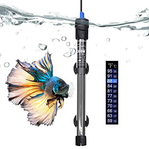 WELOMELO 100W / 200W / 300W / 500W Submersible Fish Tank Heating Rod, Temperature Adjustable Fish Tank Heating Rod/Thermostatic Rod with 2 Suction Cups-200W