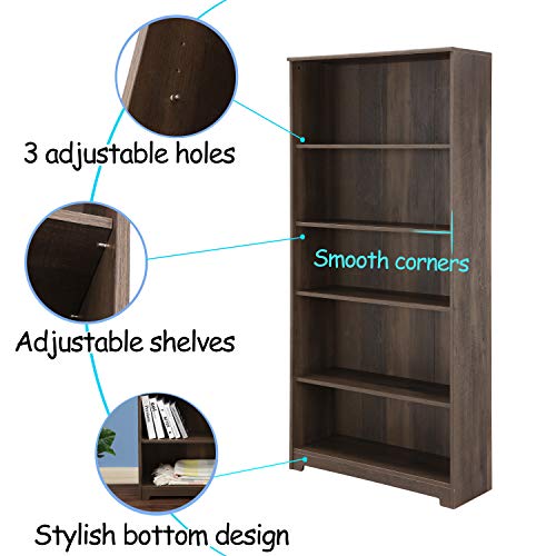 LOKATSE HOME 5-Shelf Bookcase Freestanding Display Wooden Open Storage Bookshelf for Library Bedroom and Office