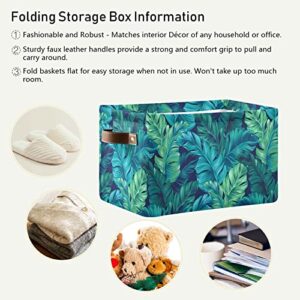 Large Storage Basket Turquoise Tropical Leaves Green Foldable Storage Box Organizer Bins with Handles for Bedroom Home Office