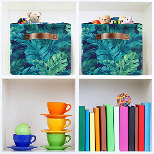 Large Storage Basket Turquoise Tropical Leaves Green Foldable Storage Box Organizer Bins with Handles for Bedroom Home Office