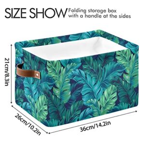 Large Storage Basket Turquoise Tropical Leaves Green Foldable Storage Box Organizer Bins with Handles for Bedroom Home Office