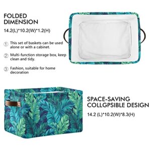 Large Storage Basket Turquoise Tropical Leaves Green Foldable Storage Box Organizer Bins with Handles for Bedroom Home Office