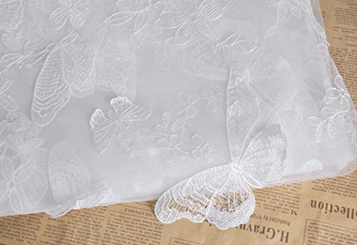 51" Width 3D Vivid Butterfly Lace Fabric Exquisite Flower Embroidery Soft Tulle Lace Fabric for Wedding Bridal Lace Dress Party Dress Home Decor (3 Yard, White Mesh+White Butterfly)