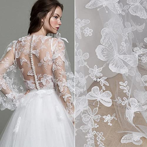 51" Width 3D Vivid Butterfly Lace Fabric Exquisite Flower Embroidery Soft Tulle Lace Fabric for Wedding Bridal Lace Dress Party Dress Home Decor (3 Yard, White Mesh+White Butterfly)