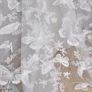 51" Width 3D Vivid Butterfly Lace Fabric Exquisite Flower Embroidery Soft Tulle Lace Fabric for Wedding Bridal Lace Dress Party Dress Home Decor (3 Yard, White Mesh+White Butterfly)