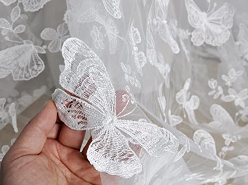 51" Width 3D Vivid Butterfly Lace Fabric Exquisite Flower Embroidery Soft Tulle Lace Fabric for Wedding Bridal Lace Dress Party Dress Home Decor (3 Yard, White Mesh+White Butterfly)