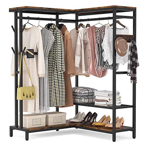 Tribesigns Corner Clothes Rack, L Shape Garment Rack with Double Rod and Shelves, Freestanding Closet Organizer Hanging Clothing Rack Wardrobe Storage Closet for Bedroom, Rustic Brown