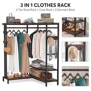 Tribesigns Corner Clothes Rack, L Shape Garment Rack with Double Rod and Shelves, Freestanding Closet Organizer Hanging Clothing Rack Wardrobe Storage Closet for Bedroom, Rustic Brown