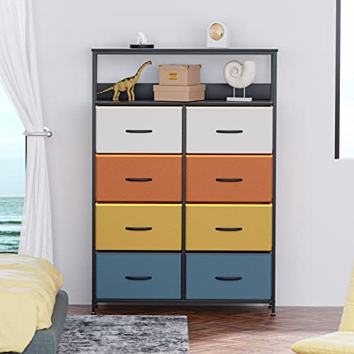 LLappuil 8 Drawer Dresser for Bedroom with Double Shelf, Kids Baby Girl Dresser, Tall Dressers Chests of Drawers Tower, Fabric Dresser Storage Drawers for Clothes, Closet, Nursery, Multicolor