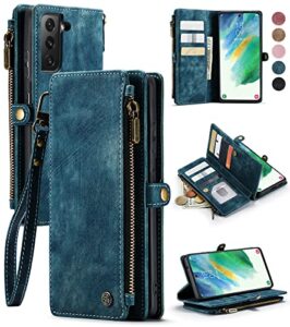 defencase samsung galaxy s21 fe case, galaxy s21 fe 5g case wallet for women men, durable pu leather magnetic flip lanyard strap wristlet zipper card holder wallet case for samsung s21 fe, blue-green