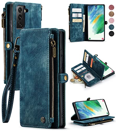 Defencase Samsung Galaxy S21 FE Case, Galaxy S21 FE 5G Case Wallet for Women Men, Durable PU Leather Magnetic Flip Lanyard Strap Wristlet Zipper Card Holder Wallet Case for Samsung S21 FE, Blue-Green