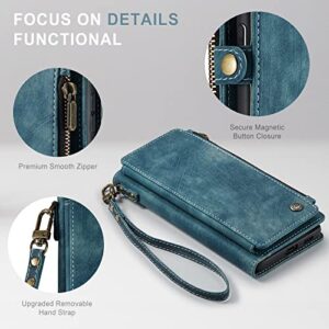 Defencase Samsung Galaxy S21 FE Case, Galaxy S21 FE 5G Case Wallet for Women Men, Durable PU Leather Magnetic Flip Lanyard Strap Wristlet Zipper Card Holder Wallet Case for Samsung S21 FE, Blue-Green