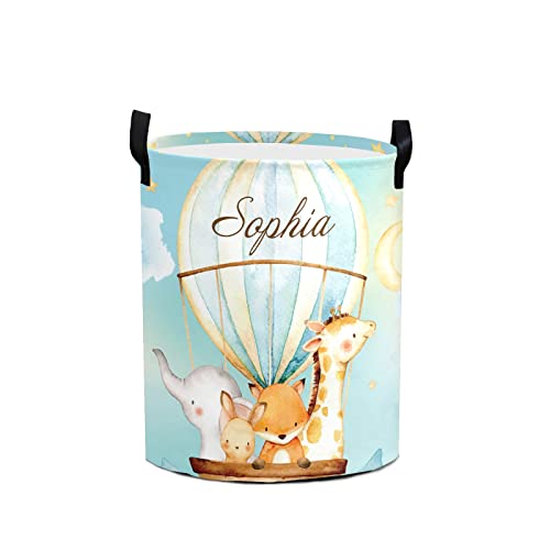 Hot Air Balloon Animals Large Laundry Basket Custom Name Foldable Clothes Bag Collapsible Fabric Laundry Hamper Folding Washing Bin for Gift, 19.69''(height)x14.17''(diameter)