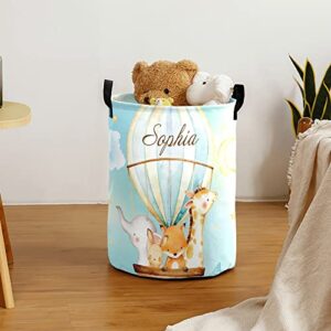 Hot Air Balloon Animals Large Laundry Basket Custom Name Foldable Clothes Bag Collapsible Fabric Laundry Hamper Folding Washing Bin for Gift, 19.69''(height)x14.17''(diameter)