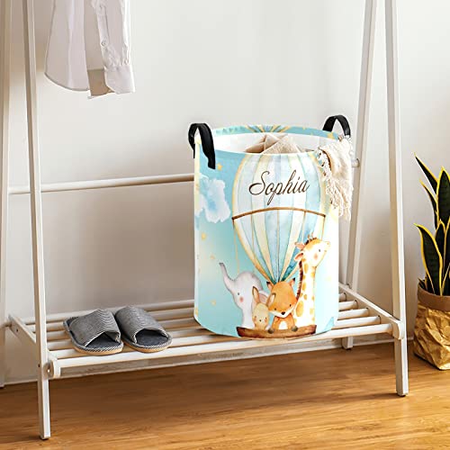 Hot Air Balloon Animals Large Laundry Basket Custom Name Foldable Clothes Bag Collapsible Fabric Laundry Hamper Folding Washing Bin for Gift, 19.69''(height)x14.17''(diameter)