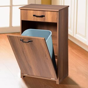 JDECO Tilt Out Trash Bin Tilt Out Laundry Hamper Wooden Freestanding Trash Can Holder Solid Wood Dog-Proof Kitchen Trash Can Cabinet for Hidden Trash (Walnut)