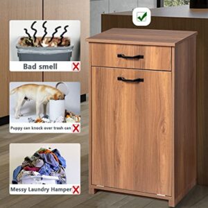 JDECO Tilt Out Trash Bin Tilt Out Laundry Hamper Wooden Freestanding Trash Can Holder Solid Wood Dog-Proof Kitchen Trash Can Cabinet for Hidden Trash (Walnut)