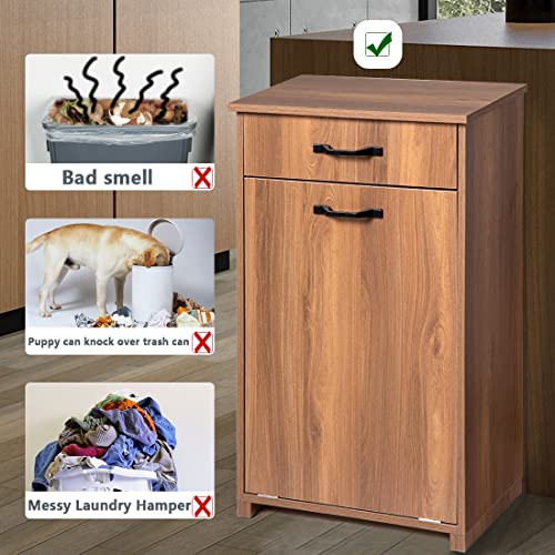 JDECO Tilt Out Trash Bin Tilt Out Laundry Hamper Wooden Freestanding Trash Can Holder Solid Wood Dog-Proof Kitchen Trash Can Cabinet for Hidden Trash (Walnut)