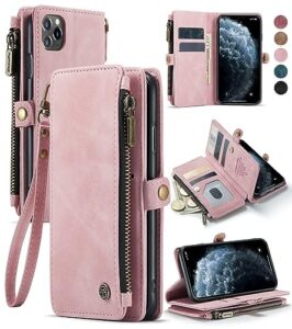 defencase iphone 11 pro wallet case - durable leather, magnetic flip, lanyard strap, zipper card holder, 5.8" - rose pink