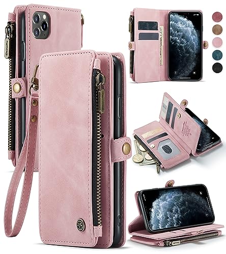 Defencase iPhone 11 Pro Wallet Case - Durable Leather, Magnetic Flip, Lanyard Strap, Zipper Card Holder, 5.8" - Rose Pink