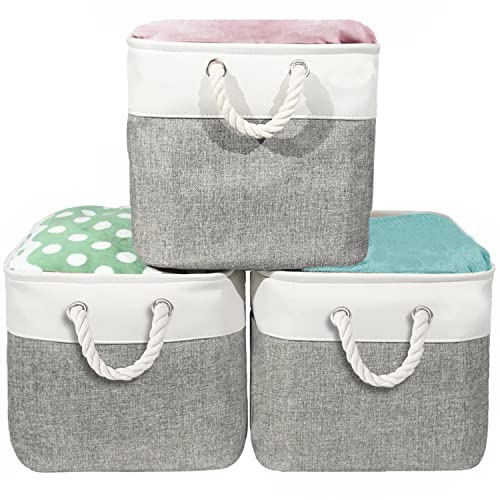 Cozyaver Storage Baskets for Shelves, 13x 13x 13 inch Fabric Cube Organizing Closet Nursery Toy Decorative Linen Organizers with Cotton Handles, 3 Pack White and Grey