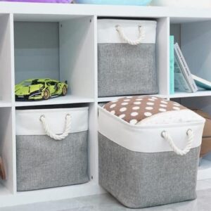 Cozyaver Storage Baskets for Shelves, 13x 13x 13 inch Fabric Cube Organizing Closet Nursery Toy Decorative Linen Organizers with Cotton Handles, 3 Pack White and Grey