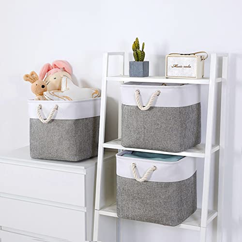 Cozyaver Storage Baskets for Shelves, 13x 13x 13 inch Fabric Cube Organizing Closet Nursery Toy Decorative Linen Organizers with Cotton Handles, 3 Pack White and Grey