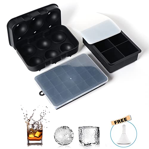 Yvnicll Ice Cube Trays, Silicone Sphere Whiskey Ice Ball Maker & Large Square Ice Cube Molds & 24 Grid Square Ice Tray for Cocktails & Bourbon,Reusable and BPA Free (Black Set of 3)