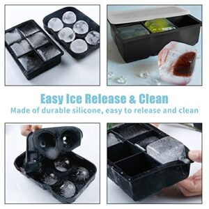 Yvnicll Ice Cube Trays, Silicone Sphere Whiskey Ice Ball Maker & Large Square Ice Cube Molds & 24 Grid Square Ice Tray for Cocktails & Bourbon,Reusable and BPA Free (Black Set of 3)