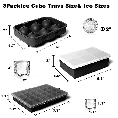 Yvnicll Ice Cube Trays, Silicone Sphere Whiskey Ice Ball Maker & Large Square Ice Cube Molds & 24 Grid Square Ice Tray for Cocktails & Bourbon,Reusable and BPA Free (Black Set of 3)