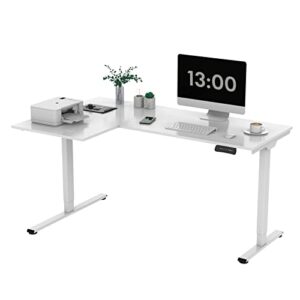 sanodesk 63-inch large dual motor l-shaped electric height adjustable standing desk - reversible panel - white top/white frame - ideal for gaming, home office or computer workstation