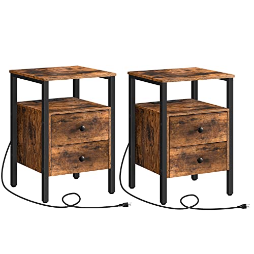 HOOBRO End Table with Charging Station and USB Ports, Side Table with Drawers and Storage Shelf, Set of 2, Bedside Table for Small Spaces, Living Room, Rustic Brown BF431BZP201