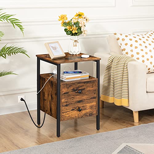 HOOBRO End Table with Charging Station and USB Ports, Side Table with Drawers and Storage Shelf, Set of 2, Bedside Table for Small Spaces, Living Room, Rustic Brown BF431BZP201