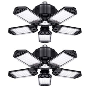 new upgraded led garage light, 6500k ultra bright 128 led shop light with 5 adjustable panels, 120w led deformable garage ceiling lights with e26 & e27 screw socket, for garage, workshop,2 pack