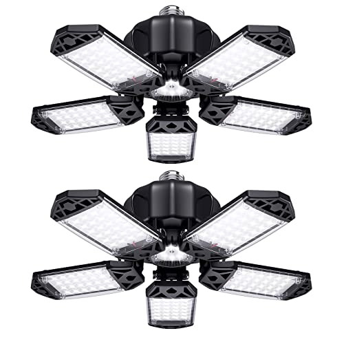 New Upgraded LED Garage Light, 6500K Ultra Bright 128 LED Shop Light with 5 Adjustable Panels, 120W LED Deformable Garage Ceiling Lights with E26 & E27 Screw Socket, for Garage, Workshop,2 Pack