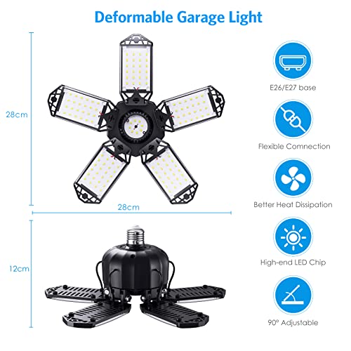 New Upgraded LED Garage Light, 6500K Ultra Bright 128 LED Shop Light with 5 Adjustable Panels, 120W LED Deformable Garage Ceiling Lights with E26 & E27 Screw Socket, for Garage, Workshop,2 Pack