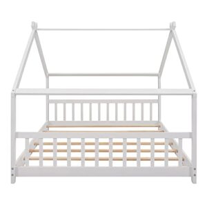 Harper & Bright Designs Full Size House Bed for Kids, Wooden House Bed Frame with Headboard and Footboard, House Floor Bed with Slat Support, No Box Spring Needed (White)