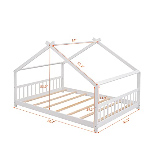 Harper & Bright Designs Full Size House Bed for Kids, Wooden House Bed Frame with Headboard and Footboard, House Floor Bed with Slat Support, No Box Spring Needed (White)