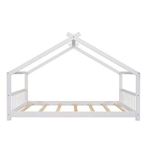 Harper & Bright Designs Full Size House Bed for Kids, Wooden House Bed Frame with Headboard and Footboard, House Floor Bed with Slat Support, No Box Spring Needed (White)